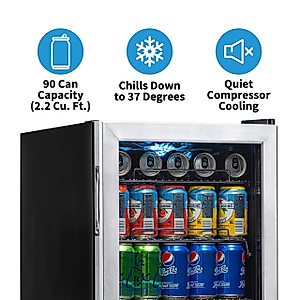 NewAir AB-850 Beverage Refrigerator Cooler with 90 Can Capacity - Mini Bar Beer Fridge with Right Hinge Glass Door - Cools to 37F - Stainless Steel