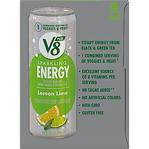 V8 +Energy Sparkling Lemon Lime Juice Energy Drink, 11.5 fl oz Can (4 Pack)