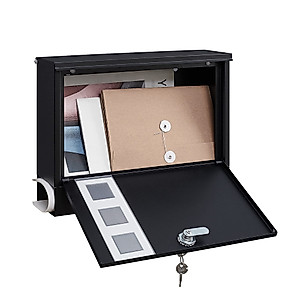 LAND·VOI Locking Mailbox Wall Mounted, Metal Postbox with Three Sets of Mail Box Number Stickers, 4 Keys, 14.4" x 4.5" x 11.2", Large Capacity, Black, AMB11B