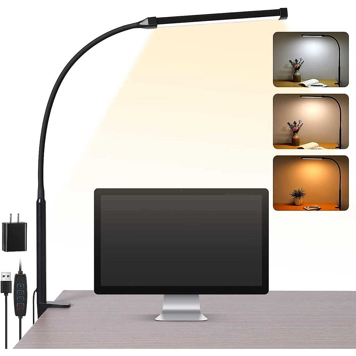 Voncerus LED Desk lamp with Clamp, Eye-Caring Clip on Lights for Home Office, 3 Modes 10 Brightness, Long Flexible Gooseneck,Metal, Swing Arm Architect Task Table Lamps with USB Adapter, Black