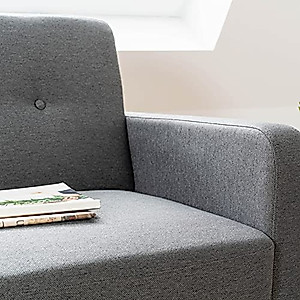 Mellow Adair Mid-Century Modern Sofa Couch with Armrest Pockets, Tufted Linen Fabric, Dark Heather Grey