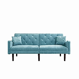 Eafurn Upholstered Futon Sofa Bed with Mattress and Frame, Convertible Loveseat Lounge Couch Daybed,Folding Love Seat w/Adjustable Backrest Sofabed, Blue w/Curved Armrest and 2 Pillows