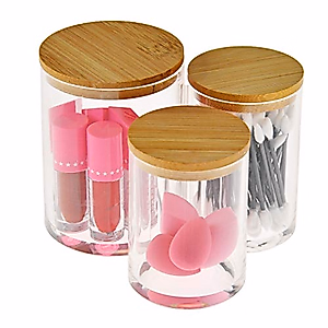 ARAD Cotton Ball, Swab, Q-tip Storage Set, 1-Piece, 3 Compartment, Clear Acrylic Jar Container with Bamboo Lid, Easy Organization on Bathroom Counters, Under-Sink Placement-6"D x 4.5" H