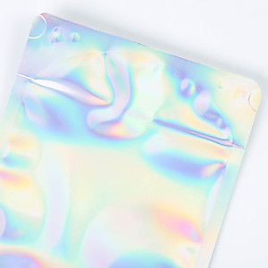 QQ Studio Pack of 100 Windowed or Double Sided Holographic Stand Up Packaging Bags with QuickQlick™ Seal for Food and Snacks (Clear & Silver Base Hologram, 11x16cm (4.3x6.3"))