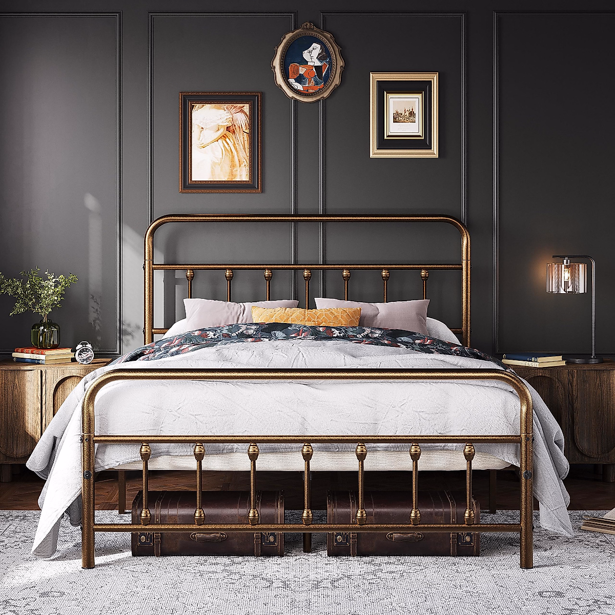 Topeakmart Full Size Victorian Style Metal Bed Frame with Headboard/Mattress Foundation/No Box Spring Needed/Under Bed Storage/Strong Slat Support Bronze