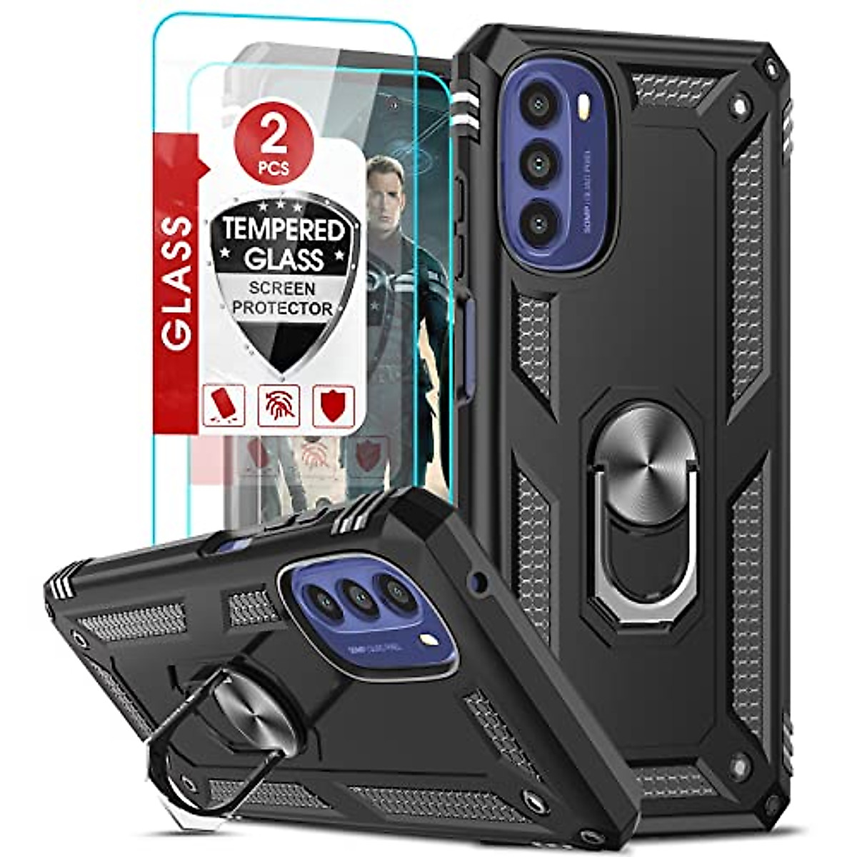 LeYi for Moto G 5G 2022 Case: Moto G 5G Case with 2 Pcs Tempered Glass Screen Protector for Men Women, [Military-Grade] Heavy Duty Protective Case with Magnetic Ring Stand for Moto G 5G 2022, Black