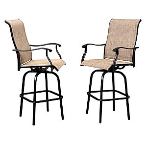 VINGLI 2 Pieces Outdoor Swivel Bar Stools, Patio Metal Bar Chairs Set of 2, All-Weather Bar Height Outdoor Chairs for Outside, Yard, Lawn, Poolside and Garden (2 Chairs, Brown)