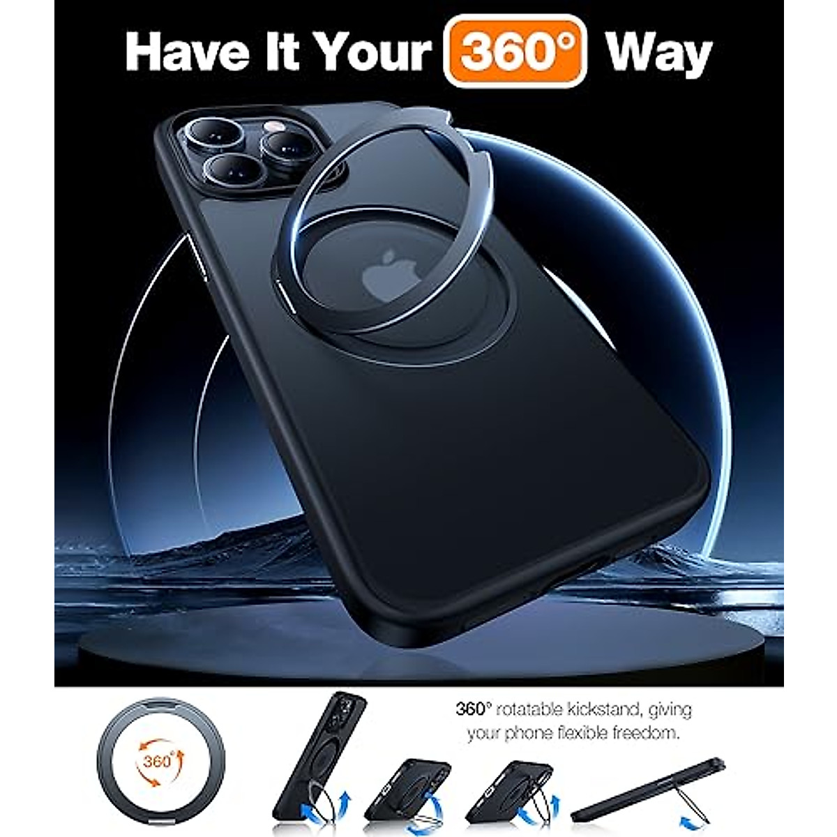 TORRAS 360° Rotatable Magnetic Ring for iPhone 14 Pro Case with Stand [Military-Grade Protection] [Compatatible with MagSafe] Slim Translucent Shockproof Phone Case iPhone 14 Pro, Matte Black