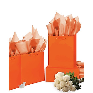 Gcardist Bright Orange Gift Bags with Tissue Paper for Wedding, Birthday, Party Supplies-7.9"x4.3"x9.6" Medium Size Cardboard Gift Bags（5pcs Bags +10pcs Tissue Paper ）