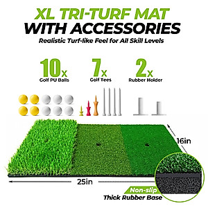 Golfguru Golf Net, 10x7ft All in 1 Golf Practice Net with XL Tri-Turf Golf Mat, Impact Target, 10 Golf Balls, 7 Golf Tees, 2 Rubber Golf Tees, Carry Bag, Golf Net for Backyard Driving Chipping Indoor
