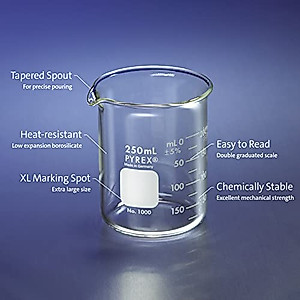 PYREX Griffin Borosilicate Glass Beaker - Low Form Graduated Measuring Beaker with Spout – Premium Scientific Glassware for Laboratories, Classrooms or Home Use - PYREX Chemistry Glassware, 1L, 2/Pk