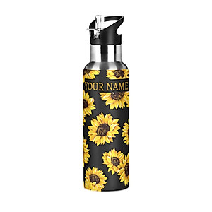 ALAZA Custom Sunflower Water Bottle with Name for Kids Girls with Straw Personalized Insulated Stainless Steel Water Flask Thermos for School Sport 20 Ounce