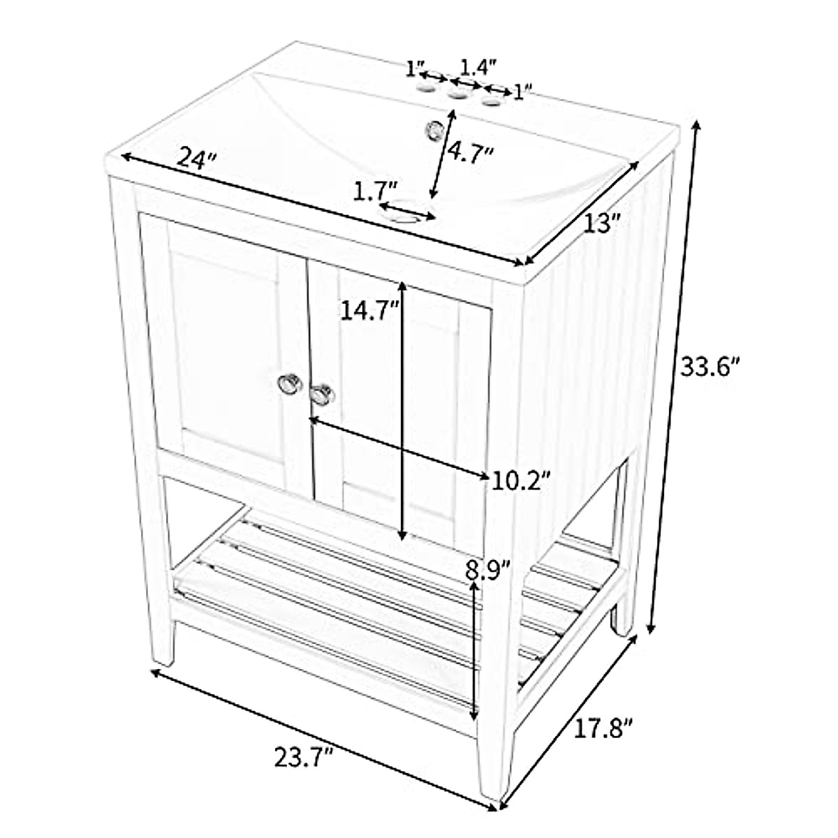 P PURLOVE 24" Bathroom Vanity with Sink, Bathroom Storage Cabinet with Doors and Open Shelf, Modern Wood Cabinet Basin Vessel Sink Set,Solid Wood Frame, Ceramic Sink, White