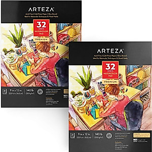 Arteza Watercolor Paper 9x12 Inch, Pack of 2, 64 Sheets (140lb/300gsm), Cold Pressed Art Sketchbook Pad, Art Supplies for Painting & Drawing, Wet, Mixed Media
