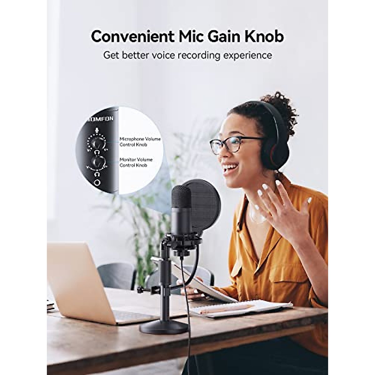SOOMFON USB Computer Microphone Condenser Podcast Microphone for PC, Recording, Gaming, Streaming, Upgraded Mic with Height Adjustable Stand, Headphone Output, Gain and Volume Knob