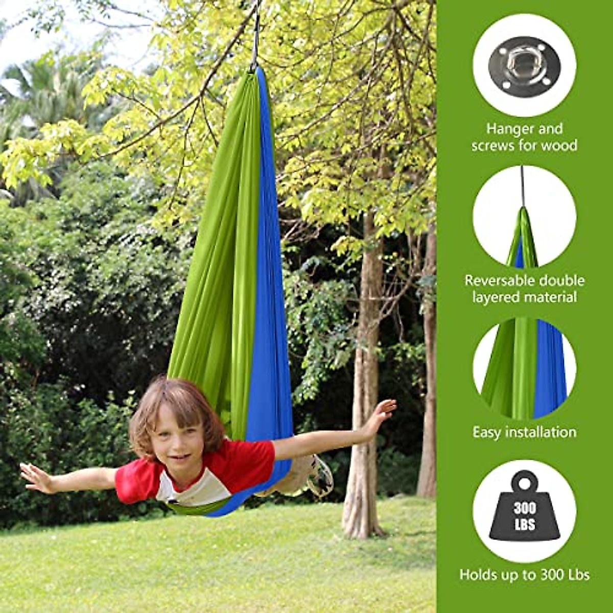 Sensory Swing for Kids Indoor and Outdoor, Therapy Swing for Kids and Adults, Double Layer Reversible Blue and Grass Green Sensory Swing, Holds up to 300lbs
