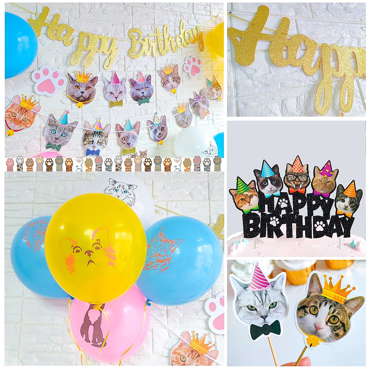 42pcs Cat Birthday Party Decoration Set, Cat Face Banner Latex Balloons Kitten Happy Birthday Cake Cupcake Toppers for Meow Kitty Theme Birthday Party Supplies