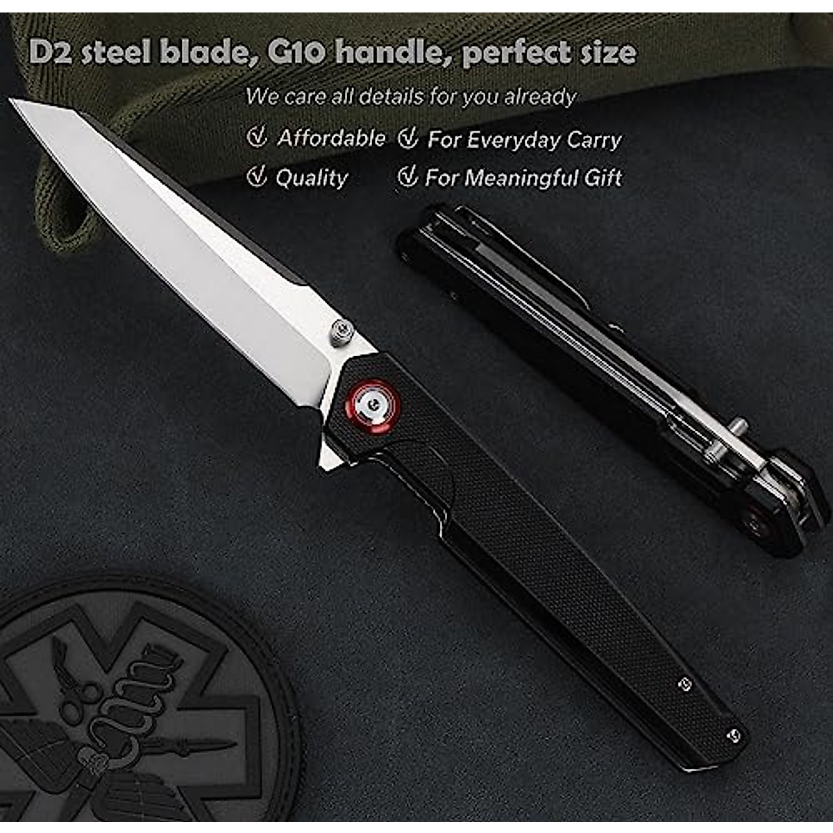 Pocket Folding Knife for EDC, 3.54" D2 Steel Blade Everyday Carry Folding Knife with Clip, G10 Handle for Camping, Fishing, Hiking, Fruit Knife Outdoor Activities Home Improvement, Gifts For Men Women