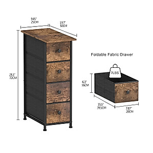 GiftGo Narrow Dresser Vertical Slim Dresser Chest of Drawers Skinny Storage Tower for Small Spaces Gaps Closet Bedroom Bathroom Small Fabric Drawer Unit (Rustic Brown, 4 Drawers)
