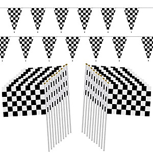 98ft Checkered Black & White Pennant Banner Racing Flags and 20Pcs 11.8 Inch Racing Flags with Plastic Sticks for Racing Party Supplies by HRLORKC