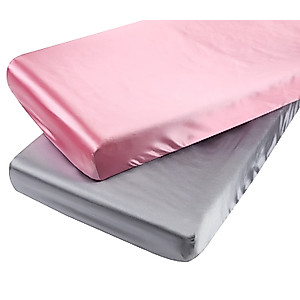 Satin Pack n Play Sheet Set 2 Pack Ultra Soft Silk Fitted Mini Crib Sheets Playard Sheet Protect for Baby Hair and Skin, Grey & Pink