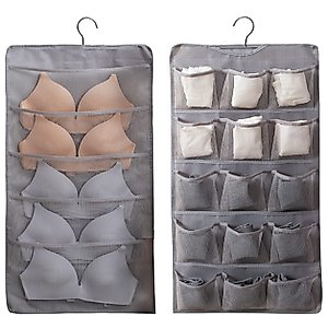 AARAINBOW Hanging Bra Organizer with Pockets, Hanging Sock Organizer, Dual Sided Hanging Closet Underwear Storage Holder for Lingerie, Panty Tie (20 Pockets, Gray)