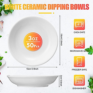 50 Pcs White Ceramic Dipping Bowls 3 oz Round Soy Sauce Dish and Bowls Small Porcelain Dipping Sauce Bowls Set for Ketchup Sushi Soy Sauce BBQ Sauce Serving Bowl Set and Party Dinner Supplies