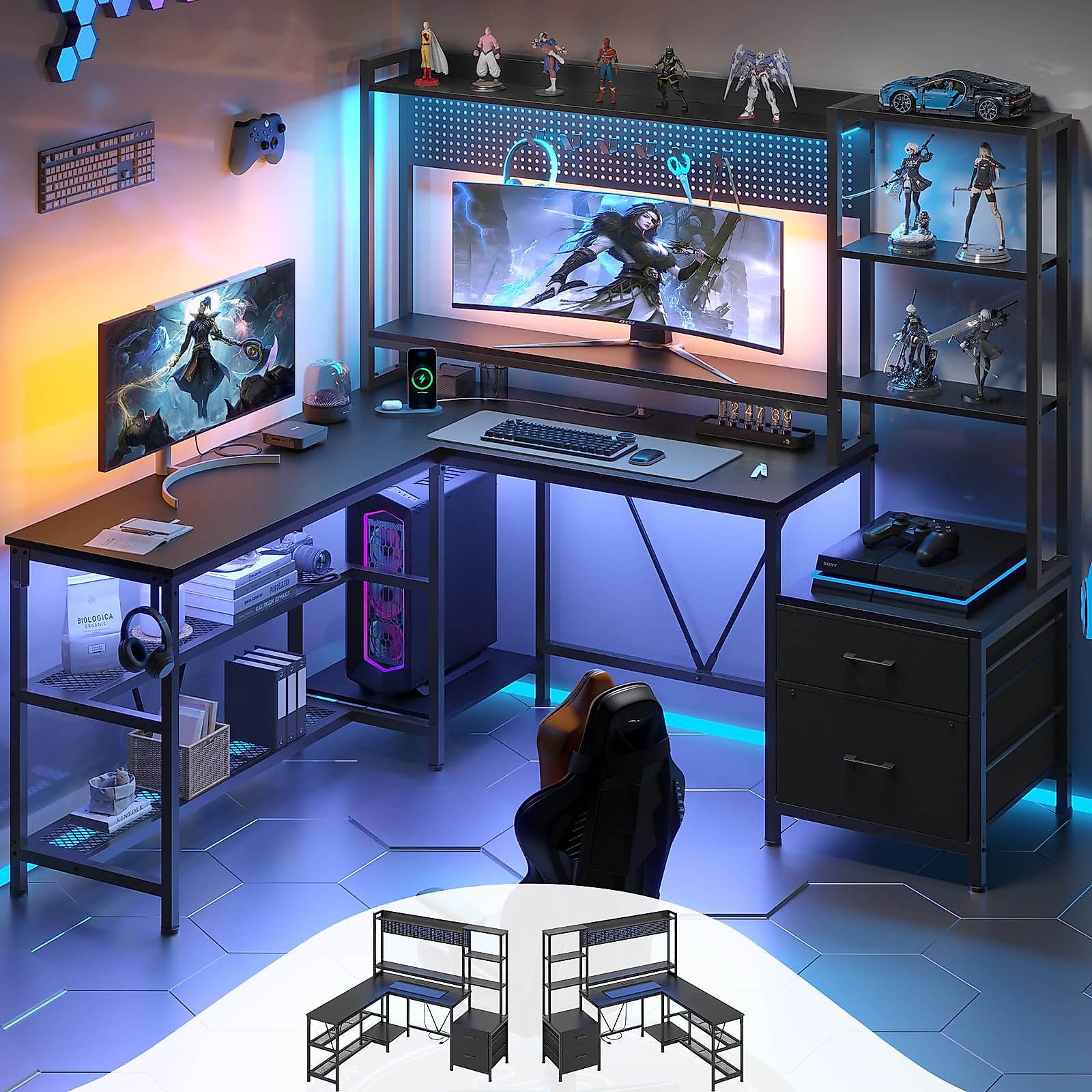 L Shaped Gaming Desk with Shelves, Reversible Computer Desk with Power Outlets LED Light, Home Office Desk with Monitor Stand Storage Racks 2 Drawers 5 Shelves Pegboard 8 Hooks Mouse Pad(Black)