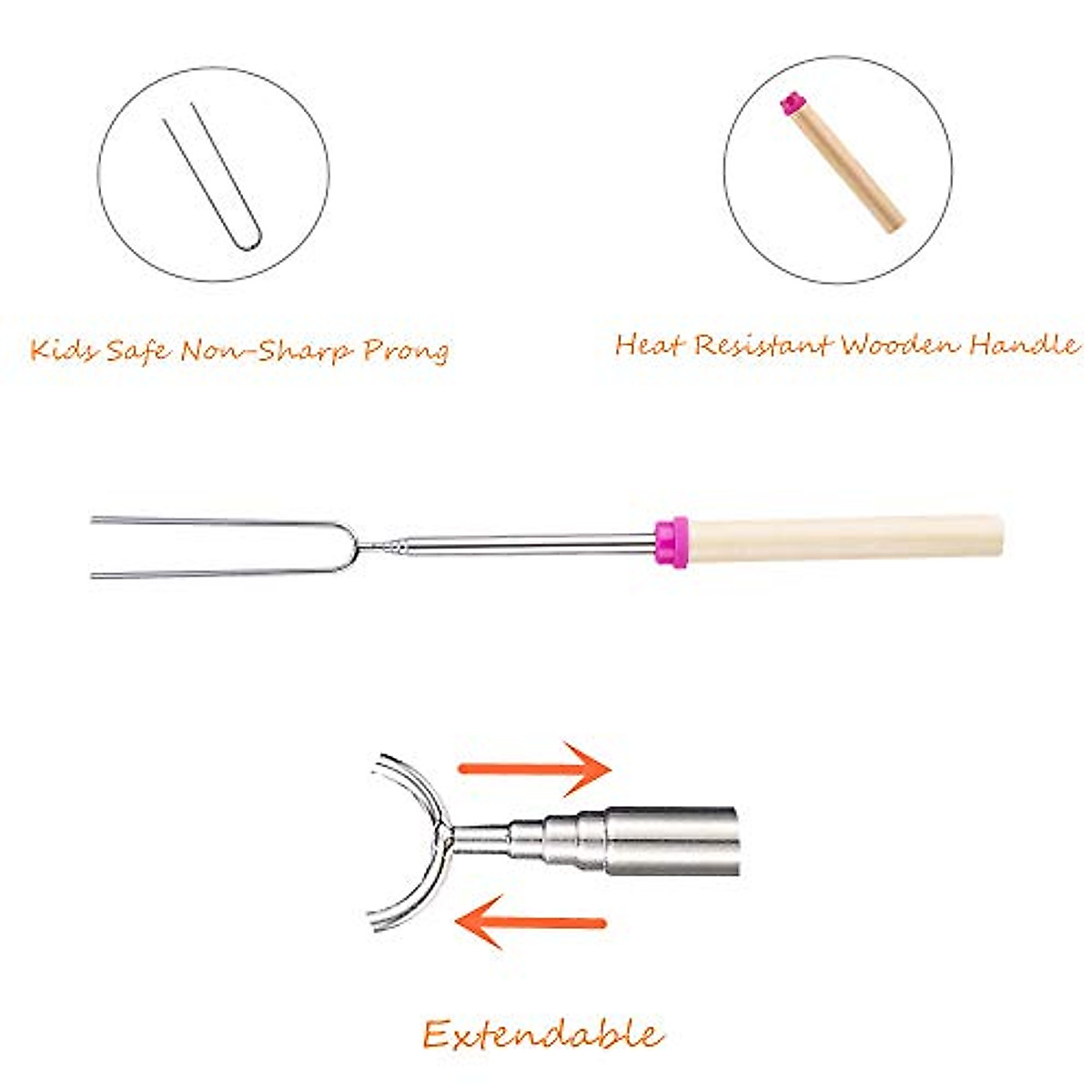 Suelasi Marshmallow Roasting Sticks 8 Pack Extendable 32 Inch Telescoping Marshmallow Skewers & Hot Dog Forks with Wooden Handle Storage Bag for Campfire BBQ Backyard Fire Pit