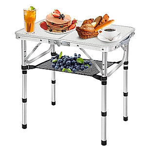 MYCOQU Small Folding Camping Table, 3 Heights Adjustable Portable Folding Camp Table, 2Ft 24''L x 16''W Aluminum Foldable Picnic Table with Mesh Layer, White Folding Table for Outdoor Indoor Beach BBQ