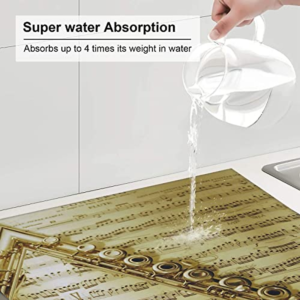 Flute Music Printed Drying Mat For Kitchen Ultra Absorbent Microfiber Dishes Drainer Mats Non-Slip Silicone Quick Dry Pad - 18 X 16inch