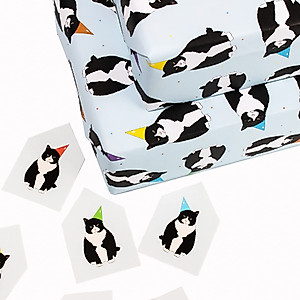 CENTRAL 23 - Blue Wrapping Paper - Cats in Hats - 6 Sheets of Birthday Gift Wrap - For Men Boys Kids - Valentines Day Gift Wrap for Women Her Girls - Recyclable - Comes with Stickers