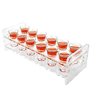 D&Z Shot Glass Holder, 12 Heavy Base Crystal Clear Shot Glasses for Whiskey Vodka Rum Cocktail Tequila, Acrylic Shot Glass Set Stand/Rack/Display/Serving Tray for Bar,Pub,Party [ 1 oz. Each Glass ]