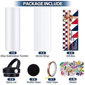 HEPFLANZE 8 Pack 20 OZ Sublimation Tumblers Skinny Straight, Sublimation Sport Water Bottles Blanks Stainless Steel Double Wall Insulated Cups Bulk with Straw Lids DIY for Gift