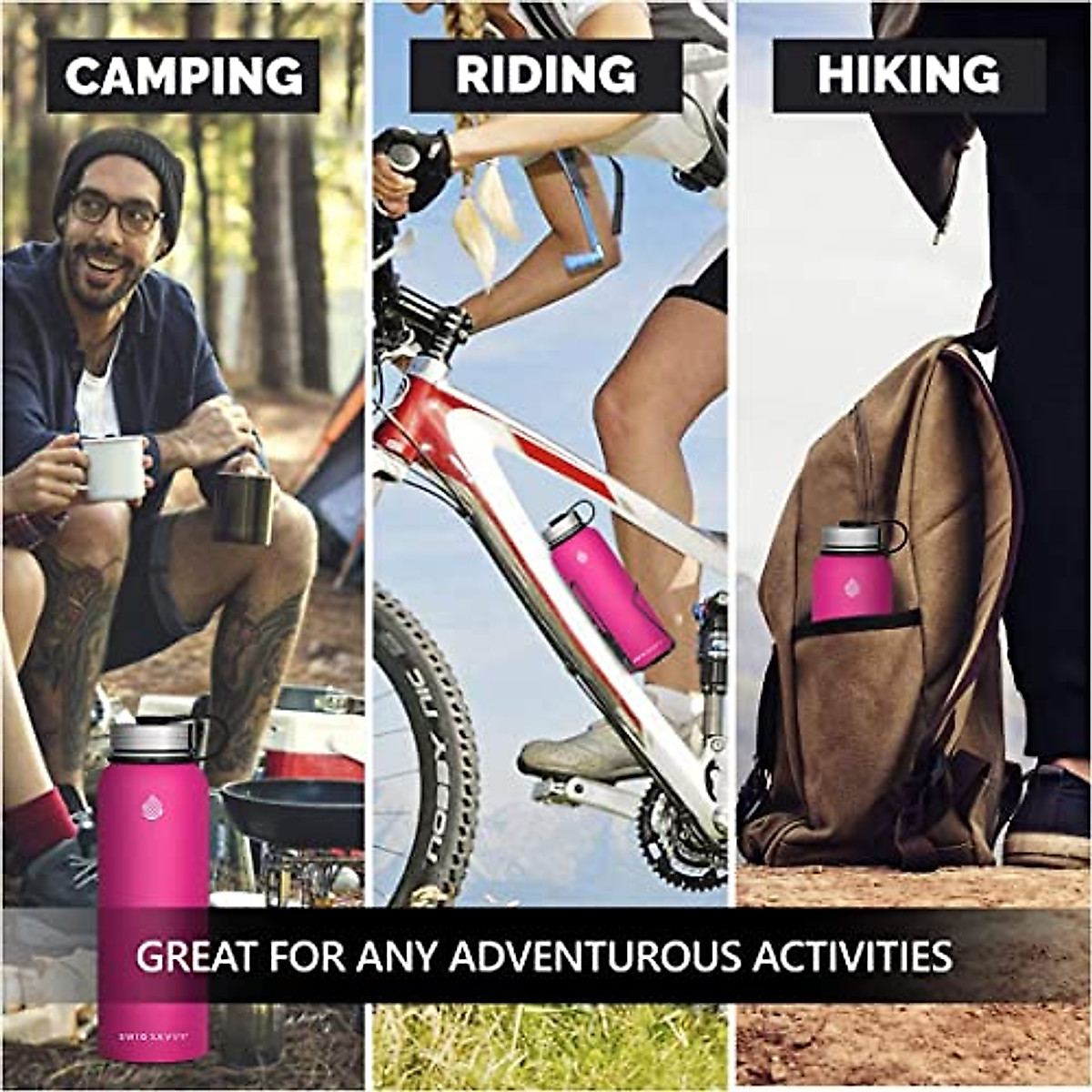 Swig Savvy Sports Water Bottle, Vacuum Insulated Stainless Steel, Double-Wall, Insulated Wide Mouth Leakproof Lid, for Hiking, Camping, Sports, and School - 32 Oz (Pink)