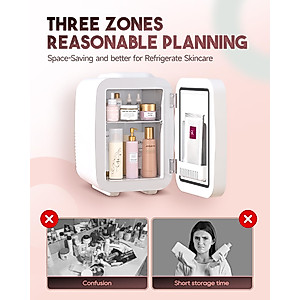 BEICHEN Mini Skincare Fridge with Dimmable LED Light Mirror,4 L/6 Can Mini Fridge for Bedroom,Office, Car, Dorm,Cooler & Warmer, Makeup Fridge for Skin Care, Cosmetics, Food,White