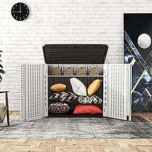 KINYING Outdoor Storage Shed - Horizontal Storage Box Waterproof for Garden, Patios, Backyards, Multi-Opening Door for Easy Storage of Bike, Garbage Cans, Tools, Lawn Mower, Off-White, 26 Cubic Feet