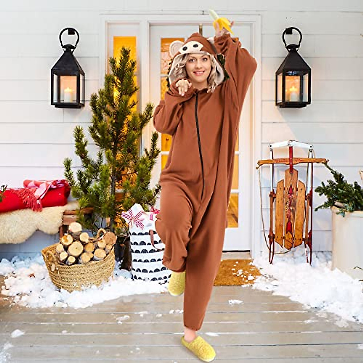Tao-Ge Monkey Onesie Adult Men Women Monkey Costume Pajamas Animal Onesies Suit for Christmas with Funny Banana Accessories Brown