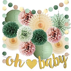 Dusty Rose and Sage Green Baby Shower Decorations Paper Lanterns Tissue Paper Pom Poms Olive Sage Green and Dusty Pink Party Decorations with Oh Baby Banner Gold for Baby Girls