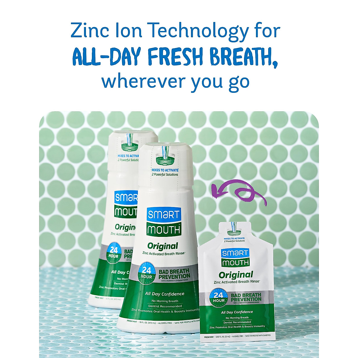 SmartMouth Original Activated 24hr Fresh Breath Rinse 2-pack and Single Travel Packs, Fresh Mint