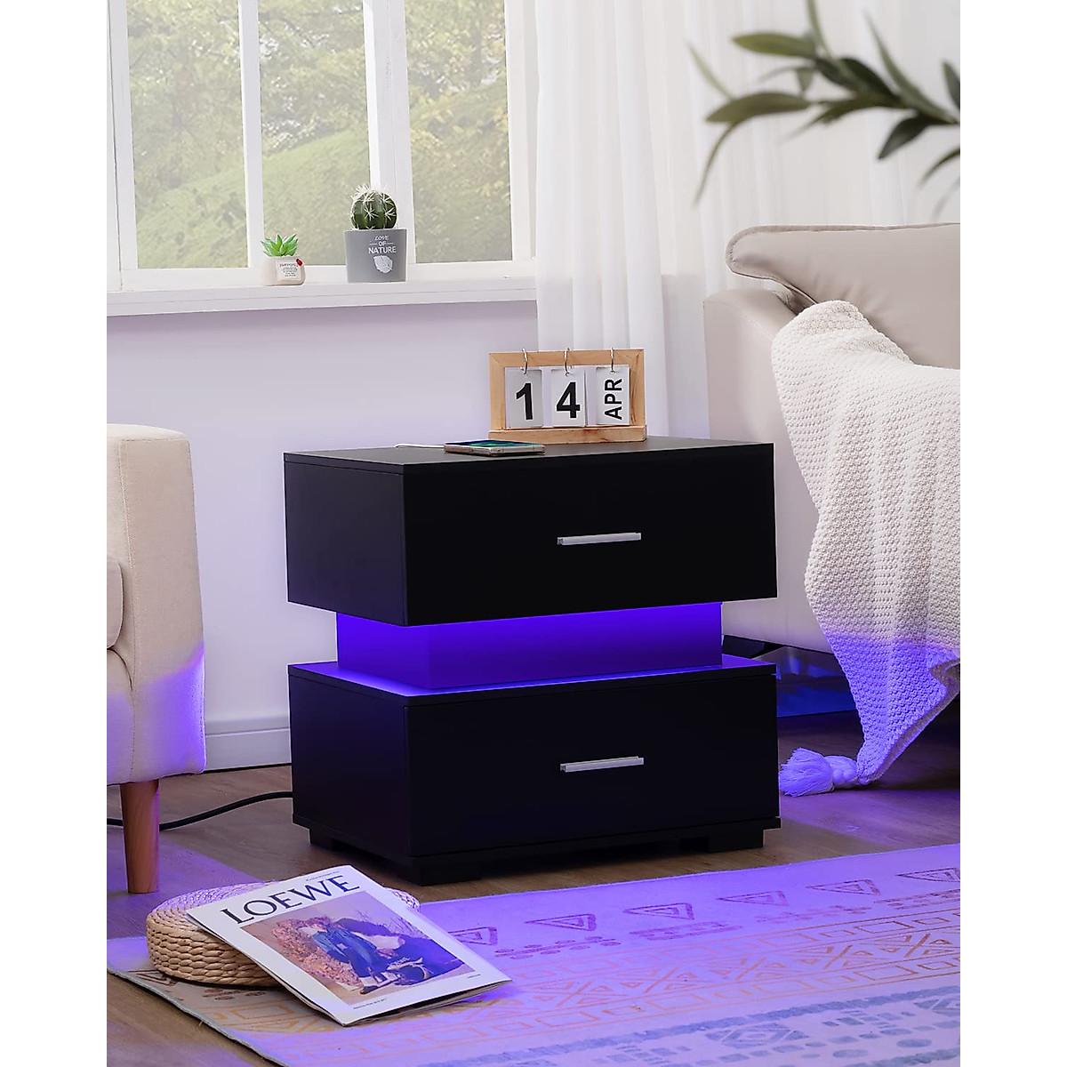 WEENFON Night Stands, LED nightstand with Charging Station, Bedside Table with 2 Wider and Deeper Drawers, Nightstand, Modern Design, End Side Table, Black