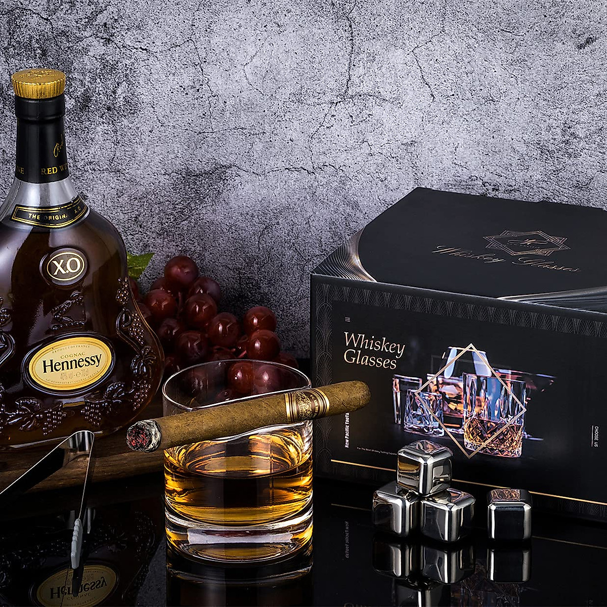 YouYah Cigar Whiskey Glasses with Cigar Holder-Set of 2,Cigar Accessories,Crystal Glass with 4 Ice Cubes,Tong & Indented Cigar Rest,Rocks Glass,for Brandy,Cocktail,Vodka,Gifts for Men