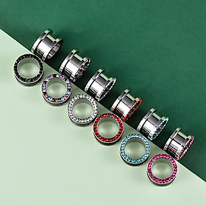 TBOSEN 12Pcs Stainless Steel Screw Fit Ear Tunnels Single Row Inlaid Color Diamond Gem Tunnels Piercing 8G-9/16inch