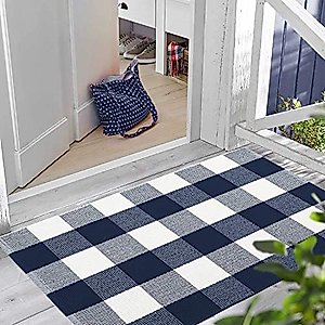 LEEVAN Cotton Buffalo Plaid Outdoor Rug 2x3 ft Checkered Front Porch Rug Washable Woven Welcome Braided Door Mat for Layered Kitchen Farmhouse Bathroom Entryway Throw Carpet, Navy Blue and White