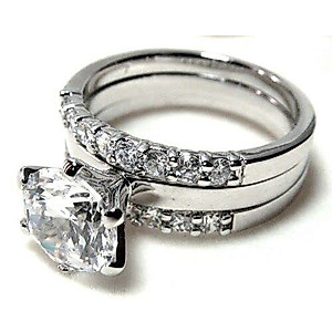 DESTINY JEWEL 3.10Ct Round Cut Diamond Solitaire Bridal Engagement And Wedding Trio Ring Set. Solid 925 Silver 14K White Gold Over Trio Ring Set. _8