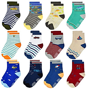 Tphon 12 Pairs Toddler Non Skid Socks with Grips Anti Slip Bottom, Cotton Non Slip Ankle Crew Socks for Boys, Girls, Kids(3-5Years)