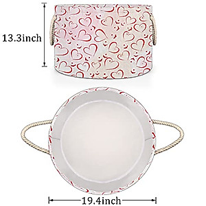 Red Valentines Day Love Heart (6) Large Round Baskets for Storage Laundry Baskets with Handles Blanket Storage Basket for Bathroom Shelves Bins for Organizing Nursery Hamper Girl Boy