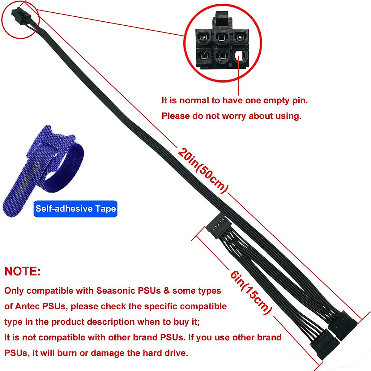 COMeap SATA Power Cable for Seasonic Antec PSUs, 6 Pin to 3X 15 Pin SATA Hard Drive Power Adapter Splitter for BTC Mining Riser Card 20-in(50cm)