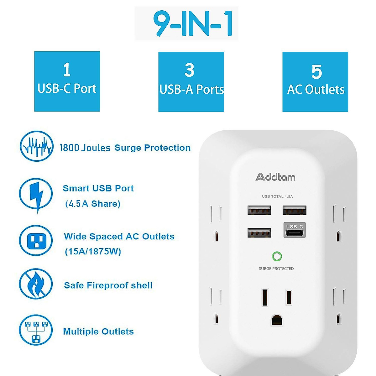 USB Wall Charger Surge Protector - Addtam 5 Outlet Extender with 4 USB Charging Ports (1 USB C, 4.5A Total), 3-Sided 1800J Power Strip Multi Plug Outlets Adapter Widely Spaced, White & Black