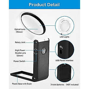 Wapodeai Magnifying Glass with Light, 6X 25X Magnifying Glass for Reading, Suitable for Reading, Jewellery, Crafts, Lnspection, Science, Seniors Read, Stamps, Map.